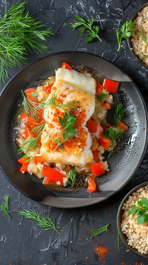 White Fish with Vegetables and Coconut on a Black Plate. Generated ...