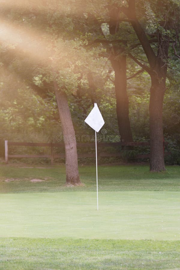 Golf Course with White Flag and Sun Rays Stock Image - Image of copy ...