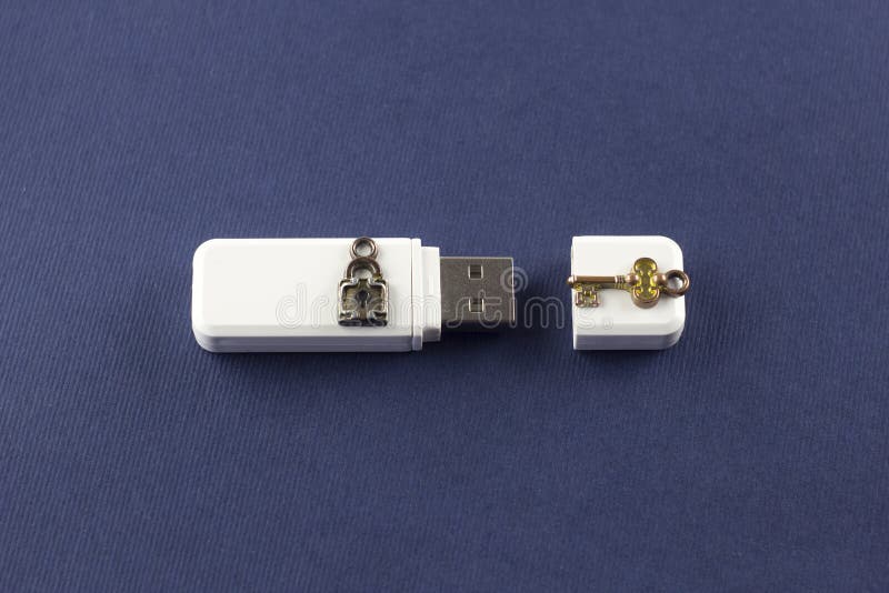 White Flash Drive on a Blue Background, Key and Lock Usb Stock Image ...