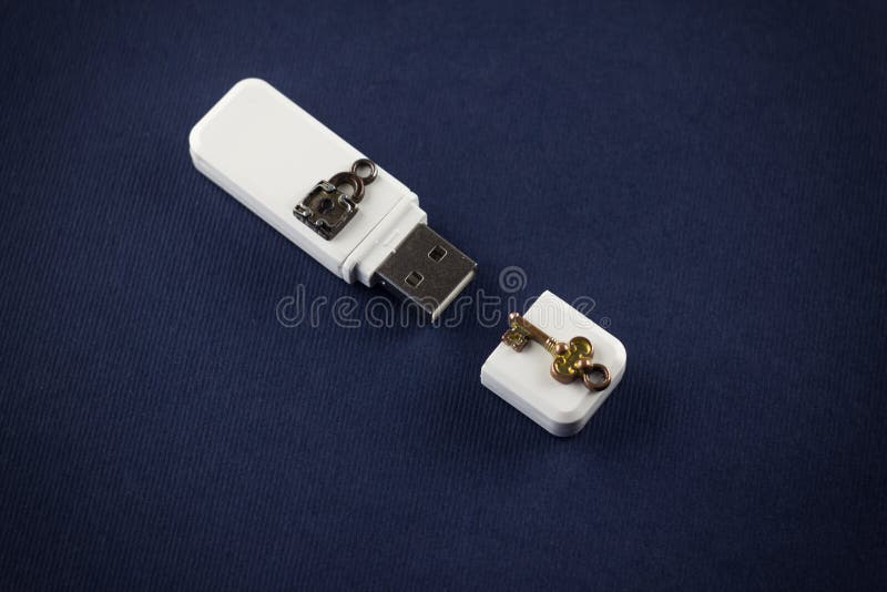 White Flash Drive with Lock and Key on a Blue Background Stock Image ...