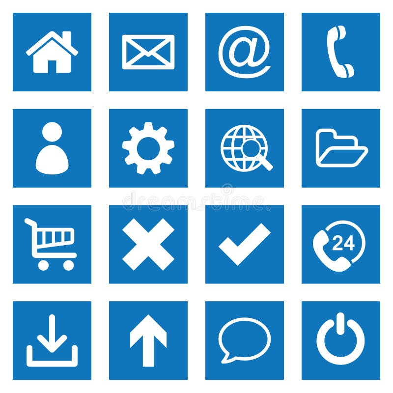 White Flat Basic Web Icons on Blue Rectangular Backgrounds Stock Vector ...