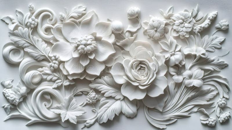 White Floral Bas Relief Sculpture Creating Decorative Pattern Stock ...
