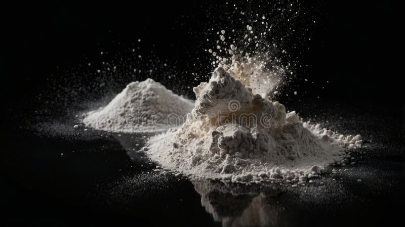 White Flour Exploding on Black Reflective Background Stock Image ...