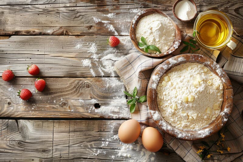 White Flour on Rustic Wooden Table Top View Stock Illustration ...