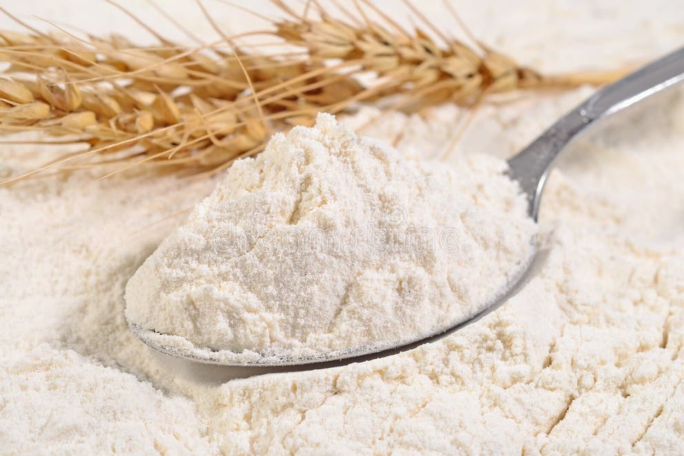 White Flour in a Spoon and Ears of Wheat Stock Image - Image of farming ...