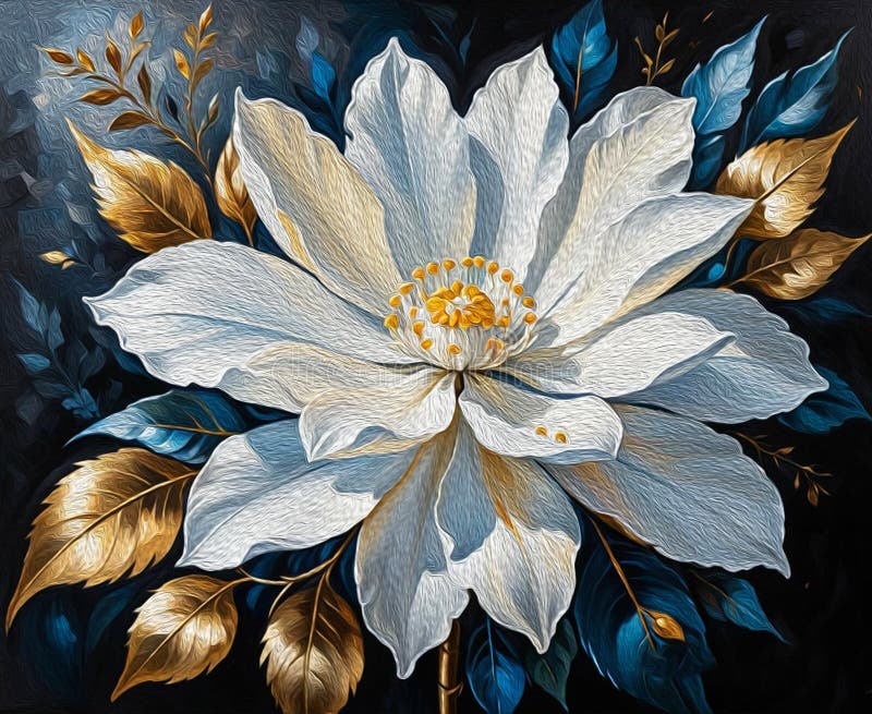 White Flower with Blue Leaves and Gold Accents on a Dark Background ... White Flower with Blue Leaves and Gold Accents on a Dark Background ...
