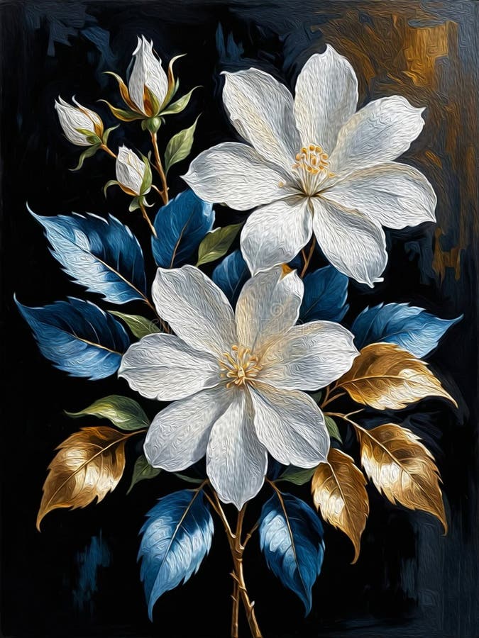 White Flower with Blue Leaves and Gold Accents on a Dark Background ... White Flower with Blue Leaves and Gold Accents on a Dark Background ...