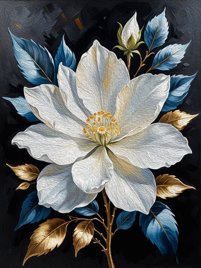 White Flower with Blue Leaves and Gold Accents on a Dark Background ... White Flower with Blue Leaves and Gold Accents on a Dark Background ...