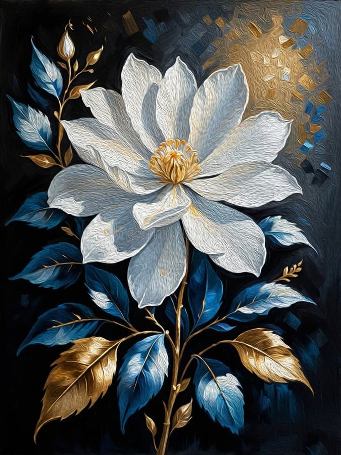White Flower with Blue Leaves and Gold Accents on a Dark Background ... White Flower with Blue Leaves and Gold Accents on a Dark Background ...