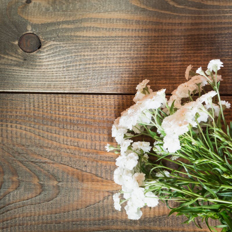 White Flower Bouquet on Wooden Board. Flat Lay, Top View Stock Image ...