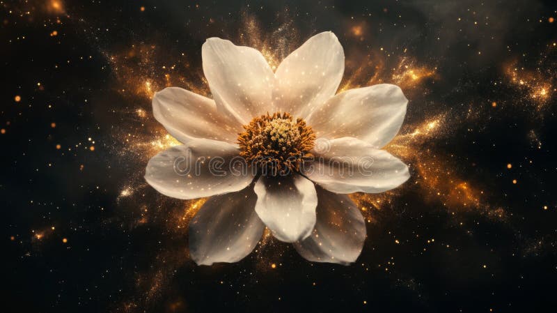 White Flower in Cosmic Sparkle, Glowing Petals Against Dark Galaxy ...