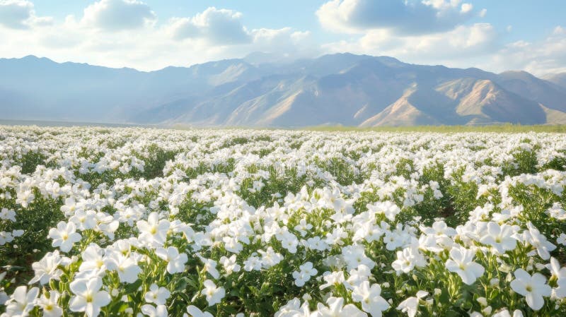 White Flower Field with Mountain Range in the Background Stock ...