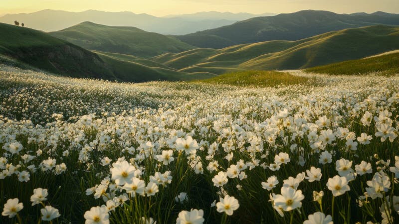 White Flower Field on Rolling Hills at Sunset Stock Illustration ...