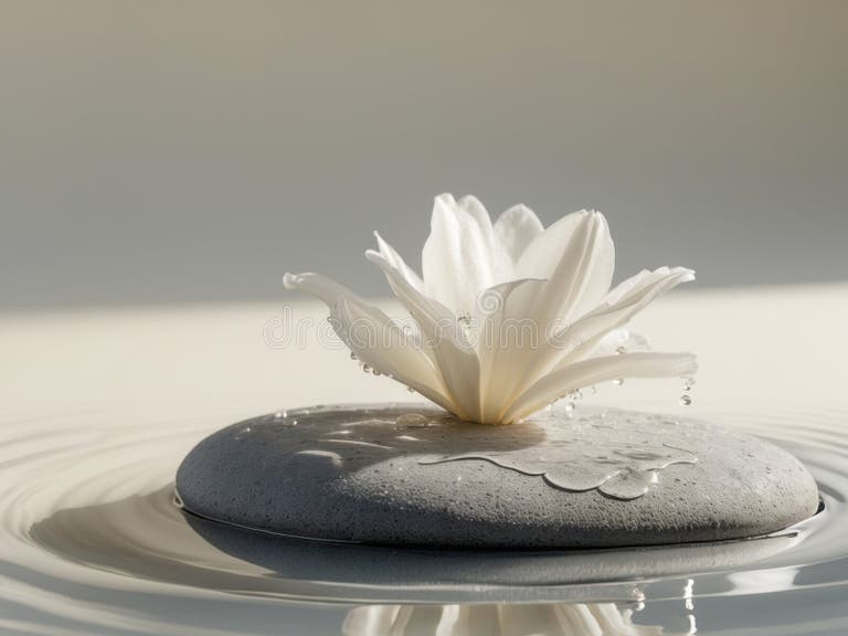 White Flower Floating on Stone with Dripping Water in Peaceful Setting ...