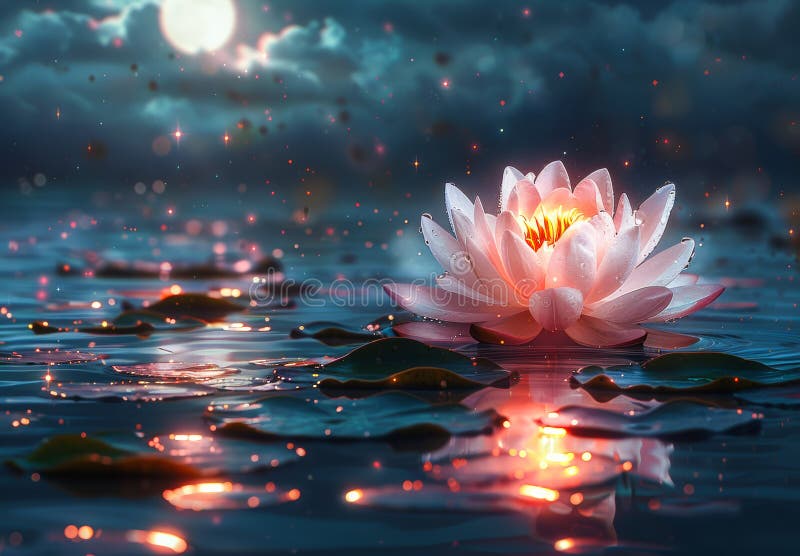 A White Flower is Floating on the Surface of a Body of Water Stock ...