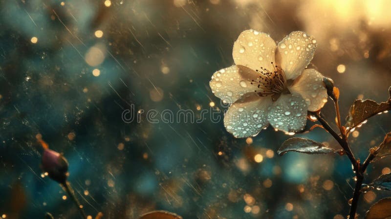 White Flower in Rain Golden Hour Photography Stock Illustration ...
