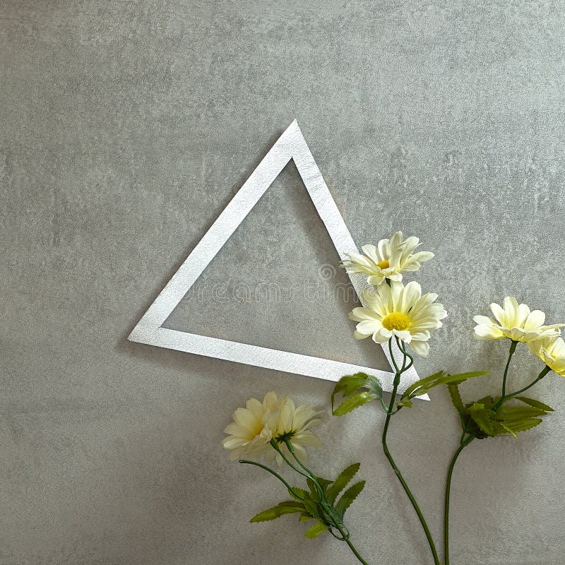 White Flowers, Daisy, and a Silver Triangular Frame on a Gray Concrete ...