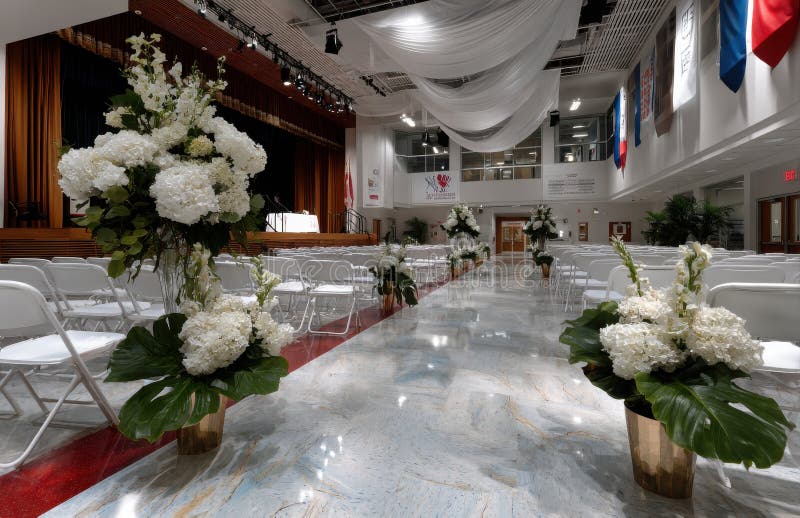 White Flowers Decorating Wedding Ceremony Aisle in Large Hall Stock ...