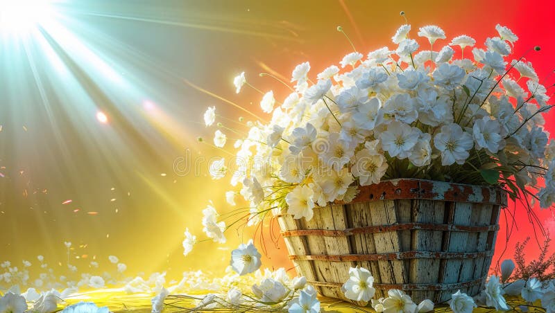 White Flowers Exploding from Old Basket Under Golden Light Rays Stock ...