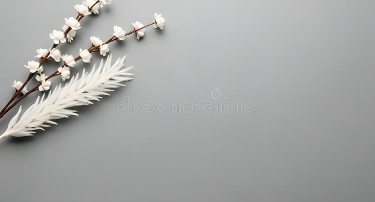 White Flowers and Feather on Grey Background with Negative Space Stock ...