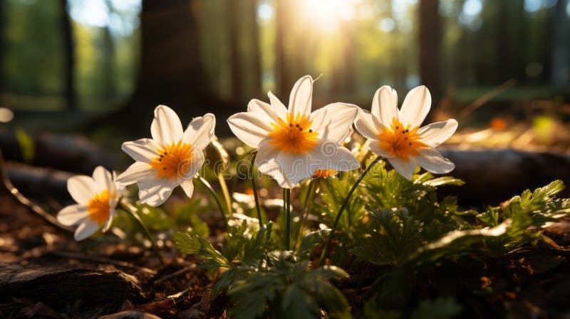 White Flowers in the Forest at Sunrise Stock Illustration ...