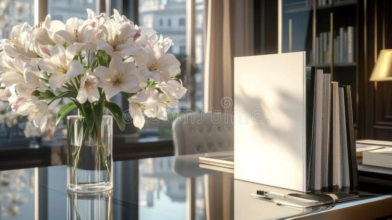 White Flowers in Glass Vase on Modern Office Desk Stock Illustration ...