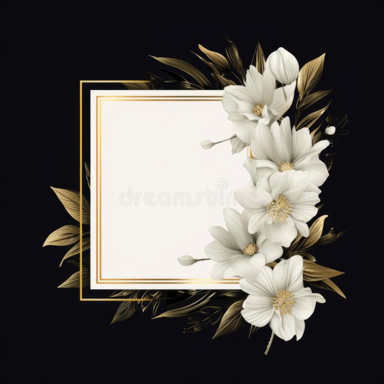 White Flowers and Gold Frame on Black Background Stock Illustration ...