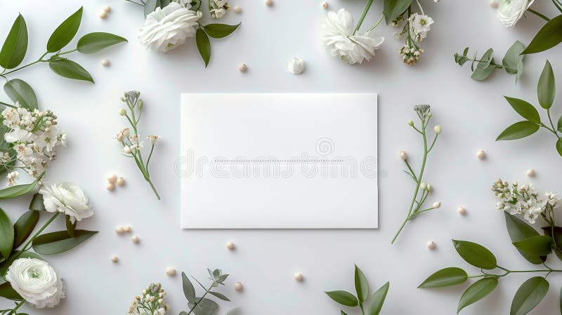 White Flowers and Green Leaves Frame a Blank White Note Card. Pearls ...
