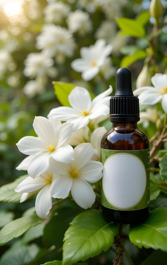 White Flowers of Jasmine with Bottle of Jasmine Essence Absolute. Ai ...