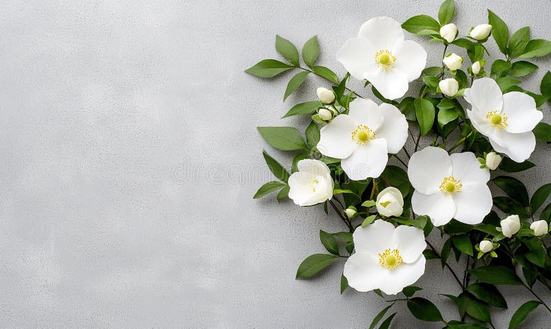 White Flowers and Leaves on Gray Background for Spring Designs Stock ...