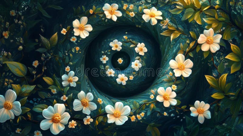 White Flowers Spiraling Around a Deep Blue Center Stock Illustration ...