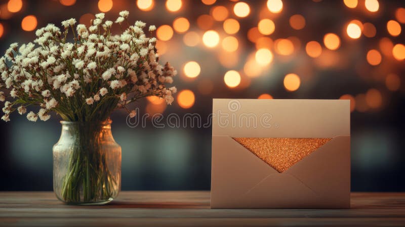 White Flowers in Vase beside Golden Envelope and Card Stock ...