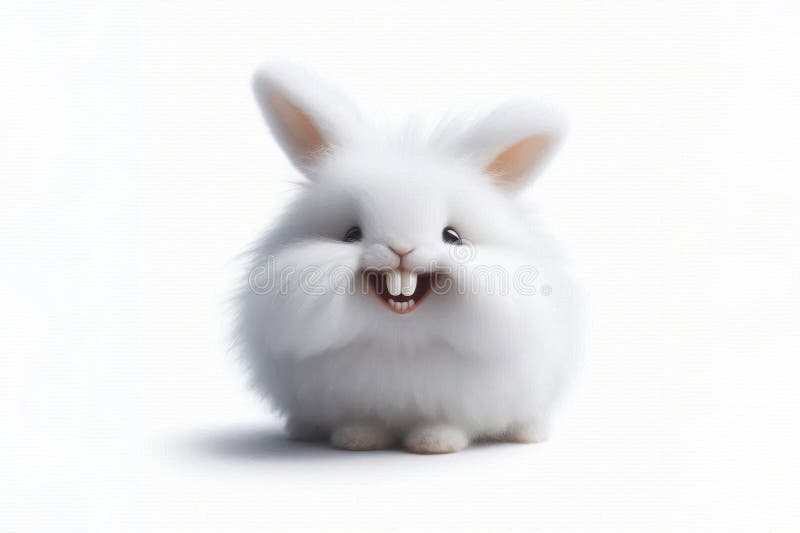 White Fluffy Bunny with Big Teeth Smiling on a White Background Stock ...