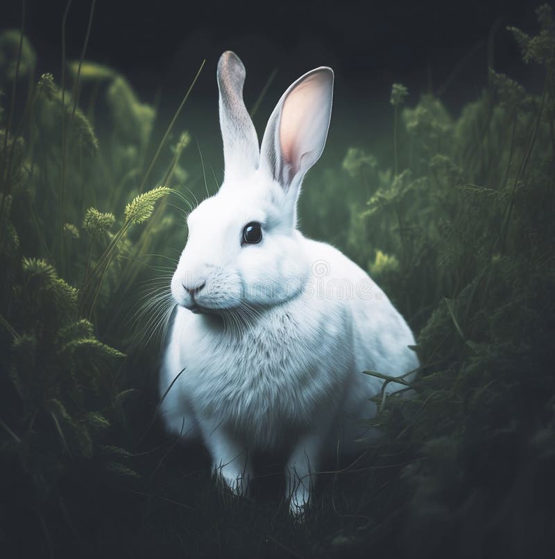 A White Fluffy Bunny with Long Ears is Sitting in the Green Grass ...