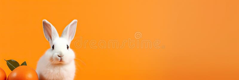 White Fluffy Bunny on Orange Background with Oranges. Portrait of a ...