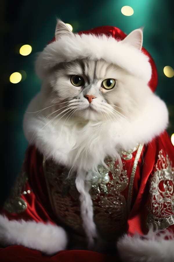 White Fluffy Cat in a Christmas Outfit. Christmas Card Stock ...