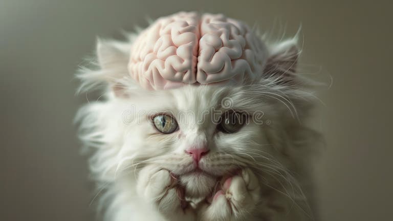 White Fluffy Cat with a Model Brain on Its Head, Humorous Conceptual ...