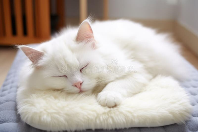 A White Fluffy Cat Sleeping on a Visible Heating Pad Stock Image ...