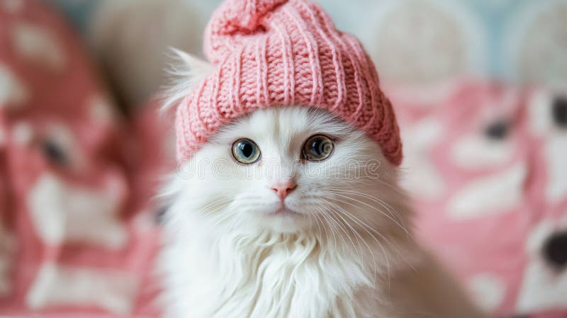 White Fluffy Cat Wearing Pink Knit Hat Stock Illustration ...