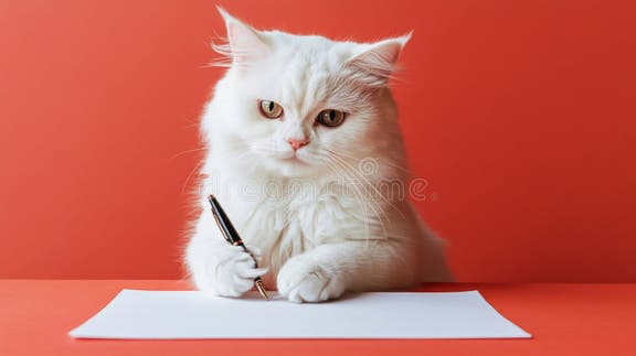White Fluffy Cat Writing on Paper Stock Illustration - Illustration of ...