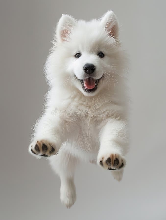 White Fluffy Dog Jumping into the Air Stock Photo - Image of jumping ...