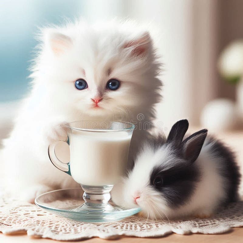 White Fluffy Kitten with Rabbit Drinking Milk Stock Illustration ...