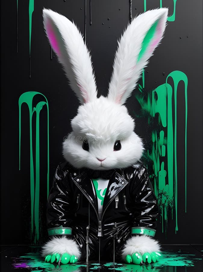 White Fluffy Rabbit in a Black Latex Costume Stock Illustration ...