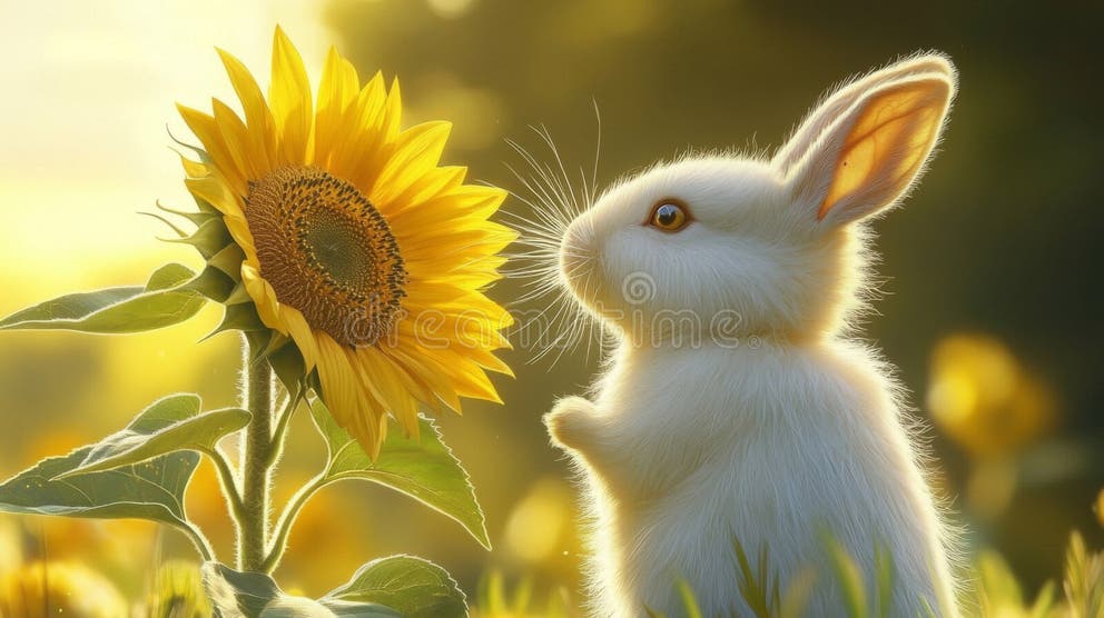 White Fluffy Rabbit and Bright Yellow Sunflower Stock Illustration ...