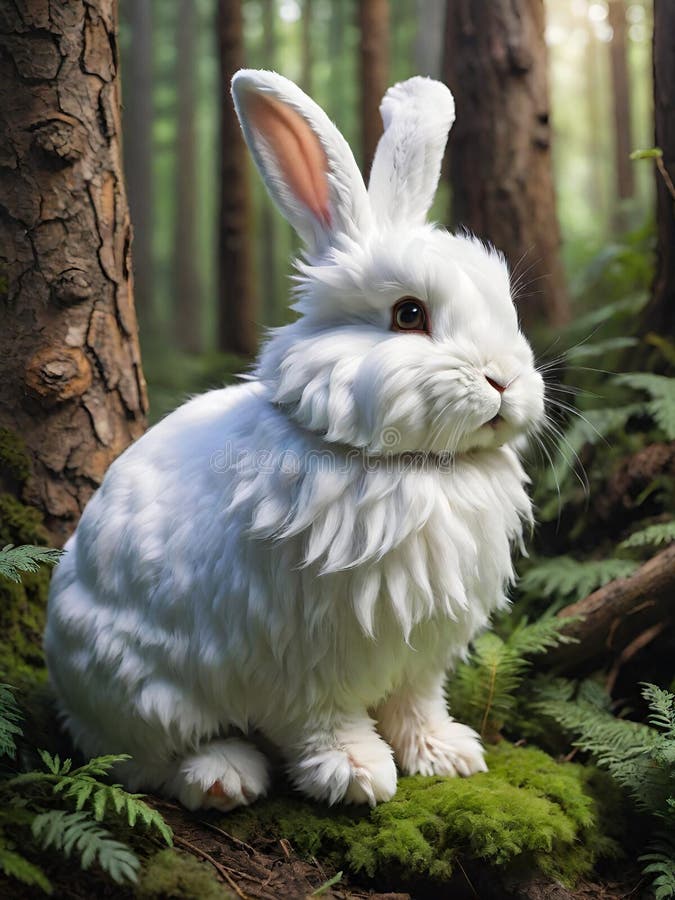 White Fluffy Rabbit in the Forest Stock Illustration - Illustration of ...