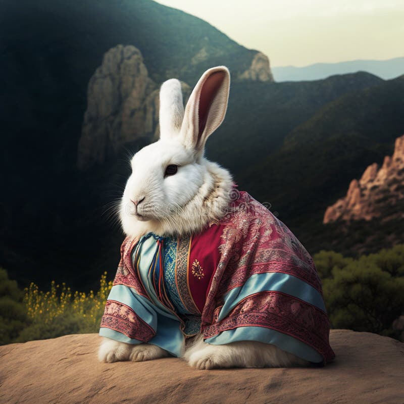 A White Fluffy Rabbit with Long Ears in a Chinese Robe Against the ...
