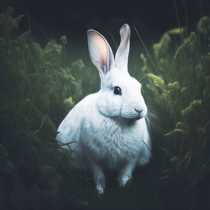 A White Fluffy Rabbit with Long Ears Sits in the Green Grass ...