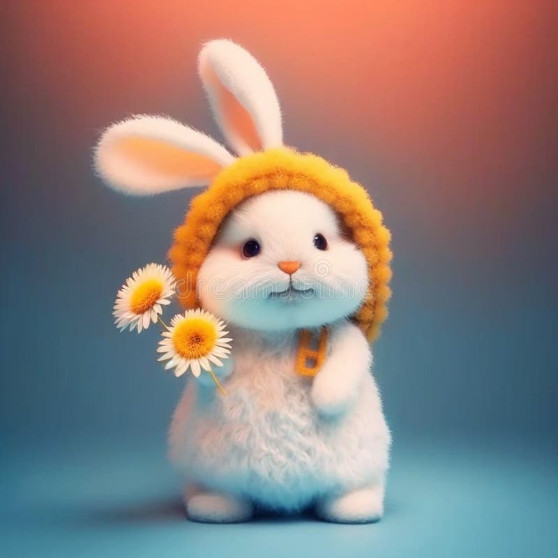 A White Fluffy Rabbit in a Yellow Knitted Hat Holds a White Daisy in ...