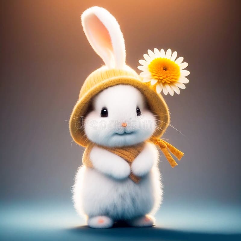 A White Fluffy Rabbit in a Yellow Knitted Hat Holds a White Daisy in ...