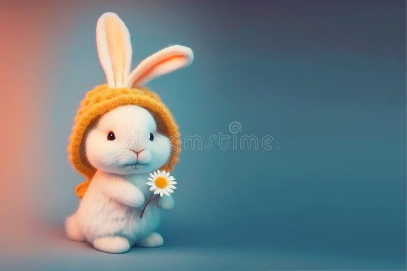 A White Fluffy Rabbit in a Yellow Knitted Hat Holds a White Daisy in ...